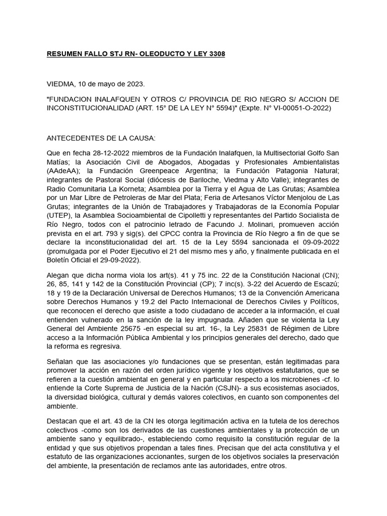 Resumen Fallo STJ RN - Oleoducto y Ley 3308 | PDF | Ley procesal | Derechos