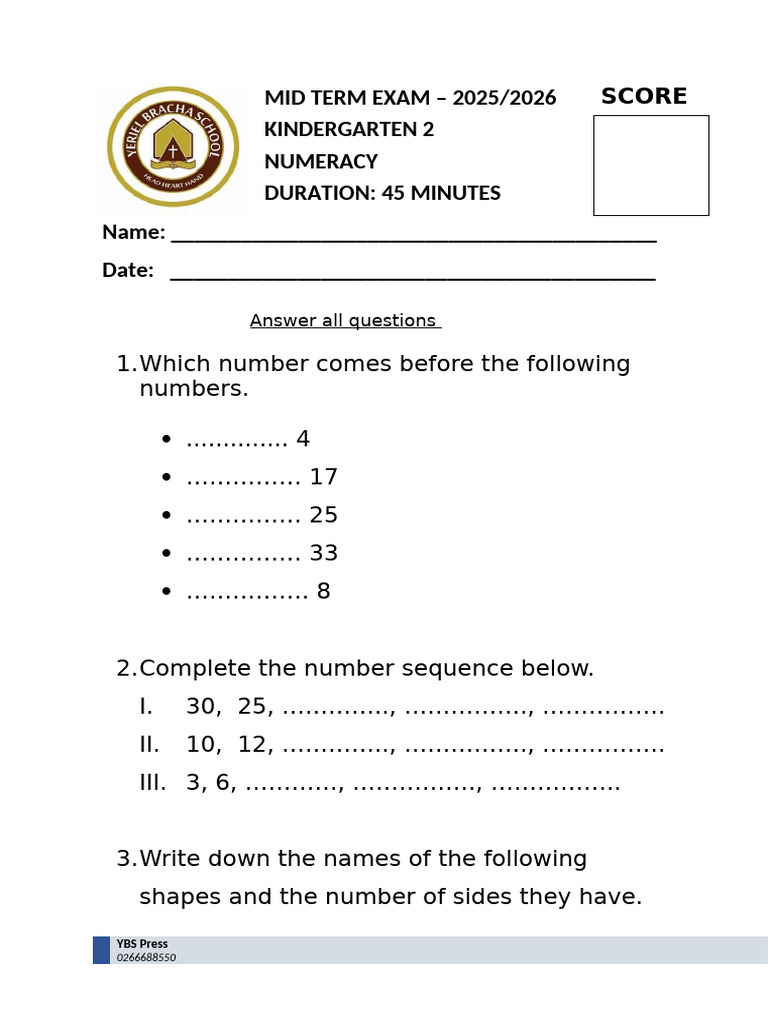 Numeracy KG2 1025. | PDF