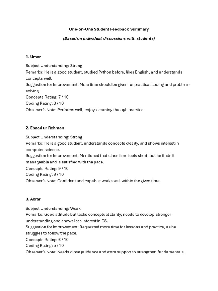 PSS CS One-On-One Student Observation | PDF | Learning | Cognition