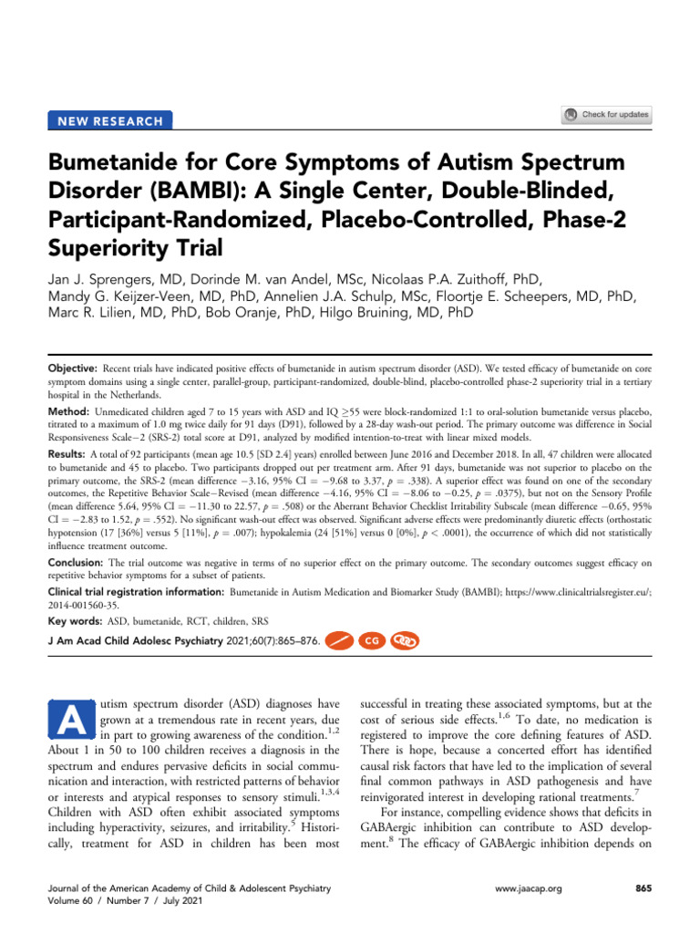 2021. SPRENGERS et al. Bumetanide for Core Symptoms of Autism Spectrum ...