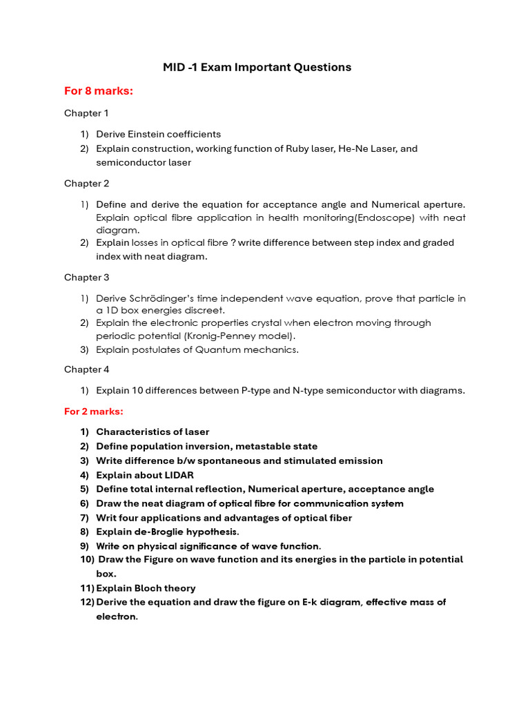 Important Questions Phy Mid 1 | PDF