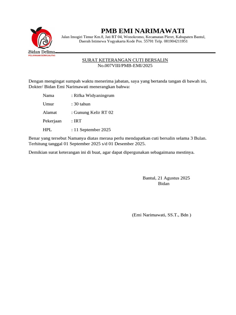 Surat Cuti Bersalin Nur Syamsi | PDF