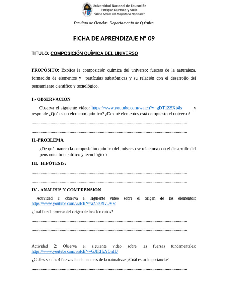 Ficha de Aprendizaje N°9 | PDF | Química | Universo