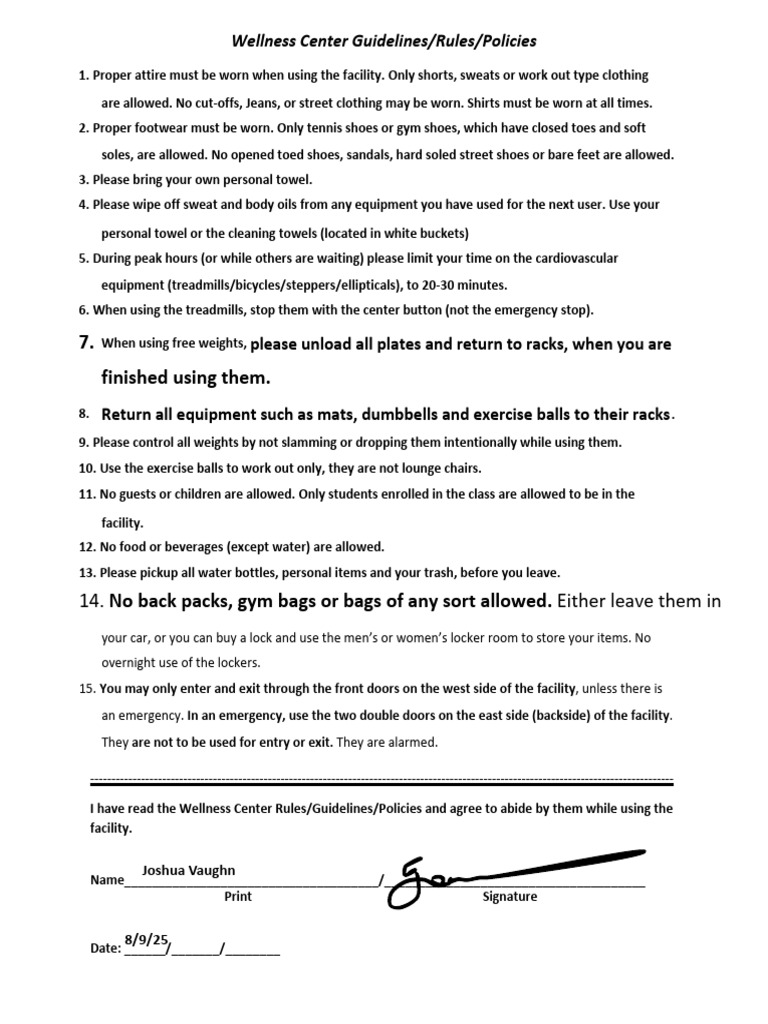 Wellness Center Rules and Guidelines | PDF | Shoe