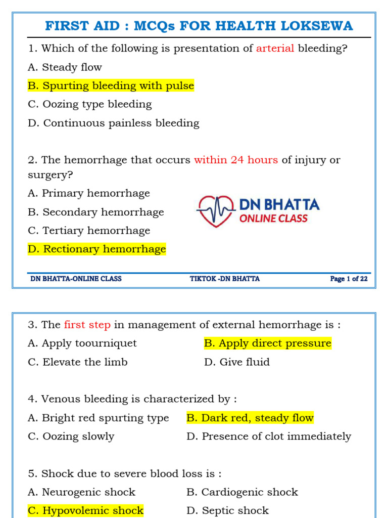 First Aid MCQs for Health Loksewa | PDF | Shock (Circulatory) | Wound