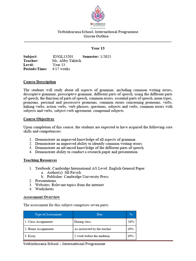 Y13 Fall 2025 Syllabus | PDF | Pronoun | Verb