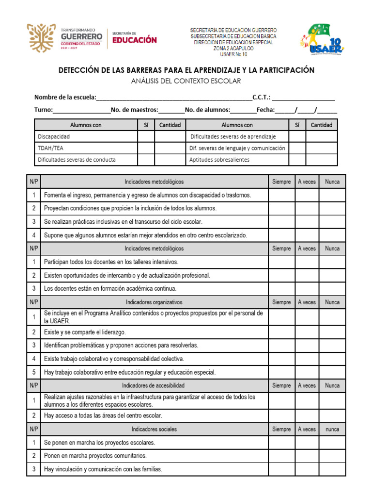02 Eval - Contextual - BAP - Escolar | PDF | Inclusión (Educación) | Aprendizaje