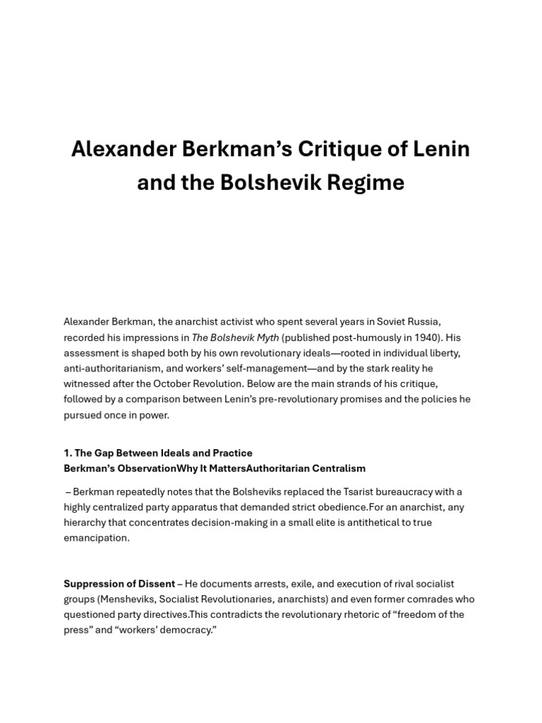 Alexander Berkman's Critique of Lenin and The Bolshevik Regime | PDF ...