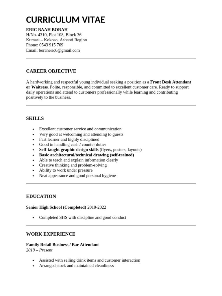 Eric Baah Borah CV For Restaurant | PDF