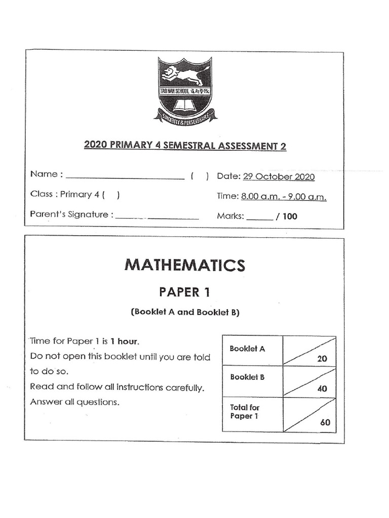 P4 Maths SA2 2020 Tao Nan Exam Papers | PDF