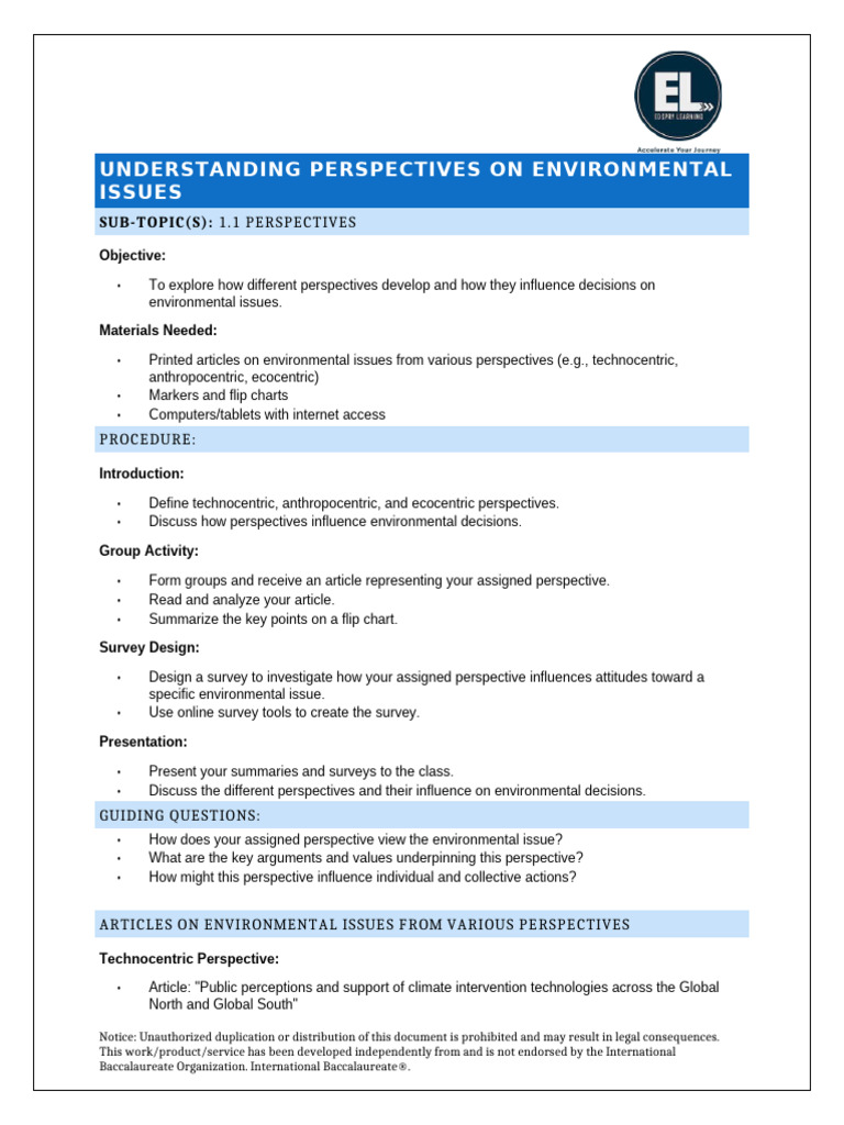Understanding Perspectives On Environmental Issues (Topic 1 ...