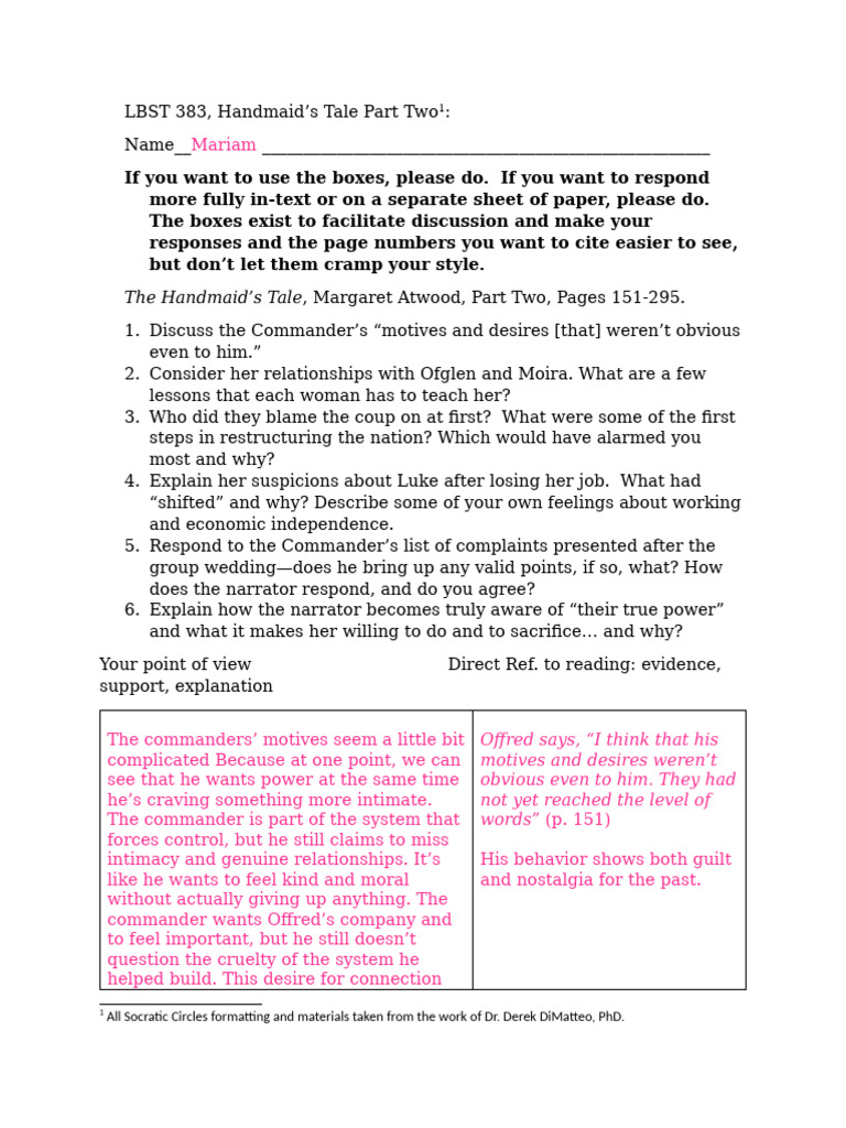 Handmaid Tale #2 Reading Socratic Circle | PDF