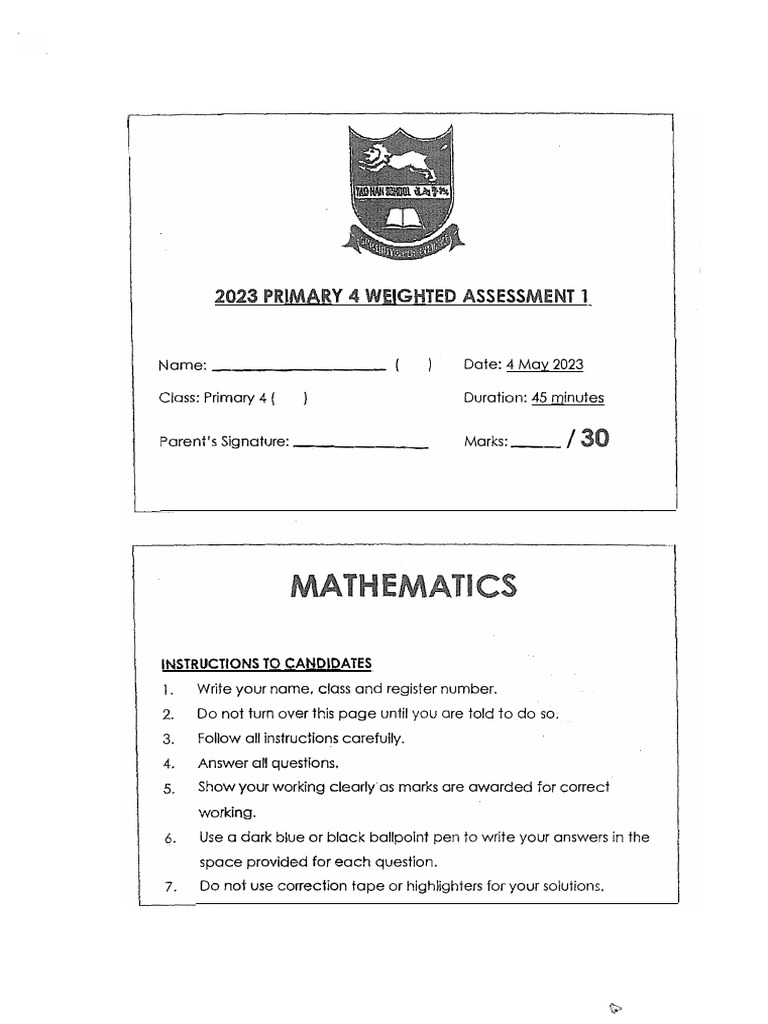 P4 Maths WA12 2023 TaoNan Exam Papers | PDF