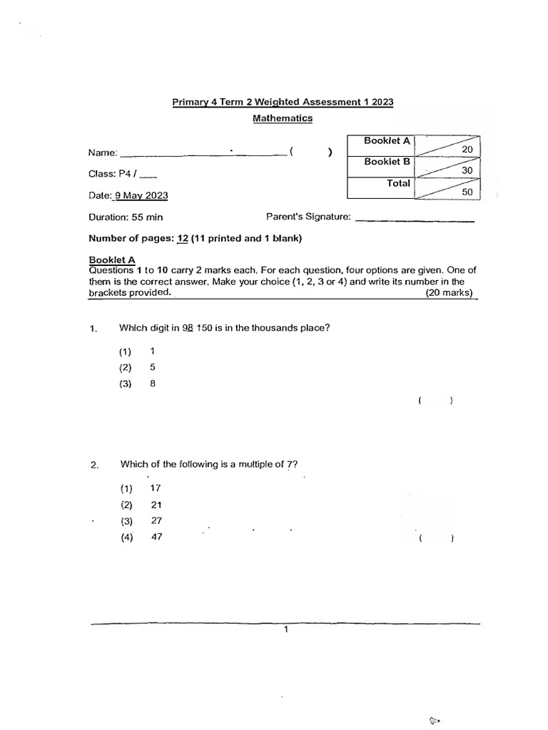 P4 Maths WA1 2023 StHilda Exam Papers | PDF