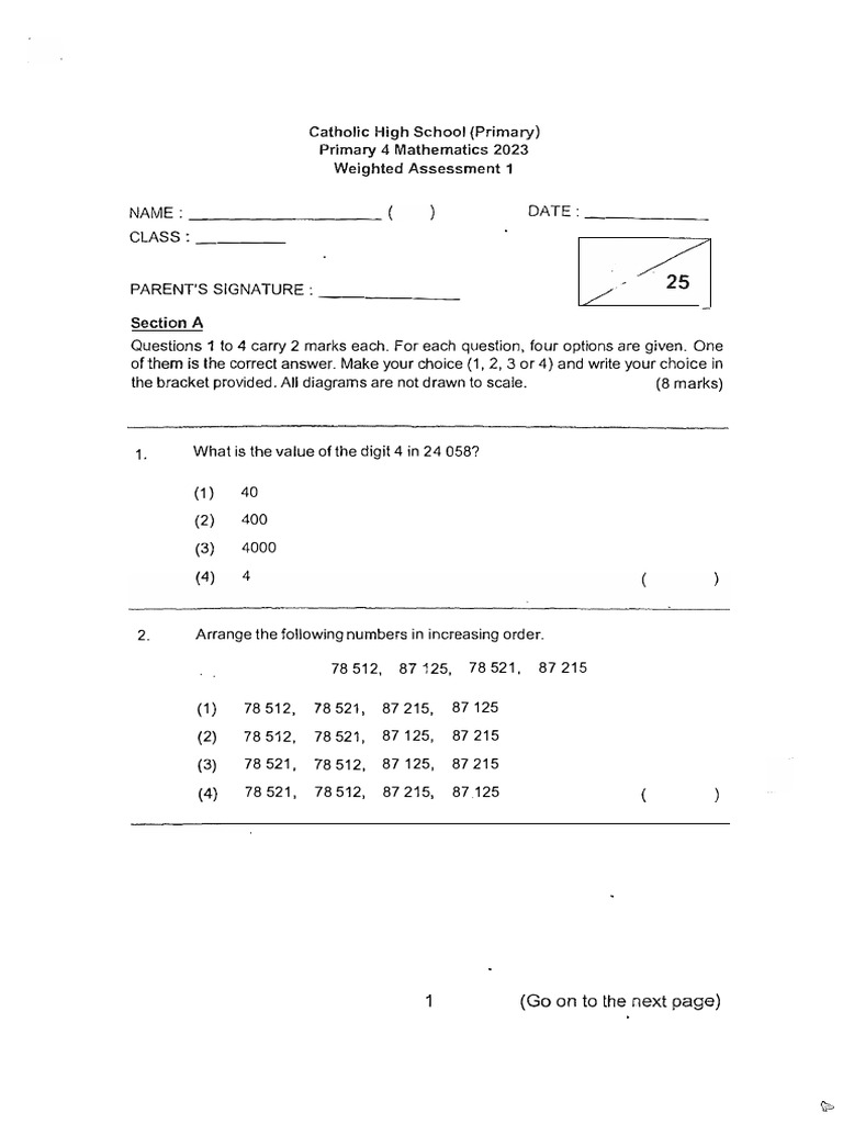 P4 Maths WA1 2023 CatholicHigh Exam Papers | PDF