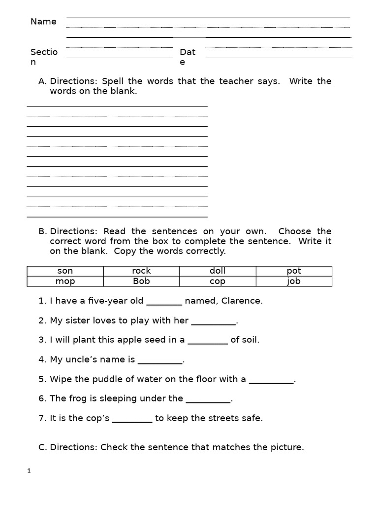 Worksheet - CVC O Words | PDF