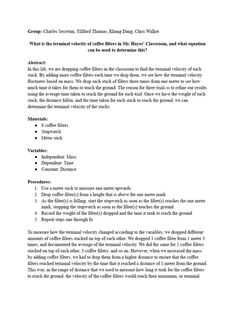 Terminal Velocity of Coffee Filters Experiment | PDF | Velocity | Mass