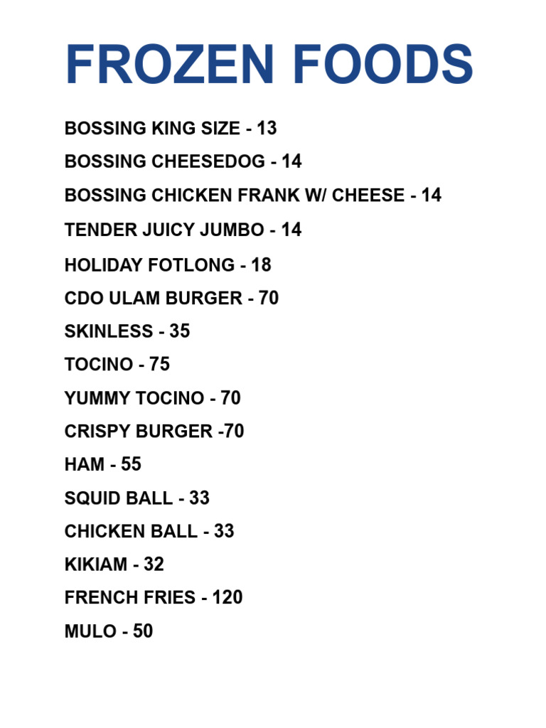 Frozen Foods Product List | PDF