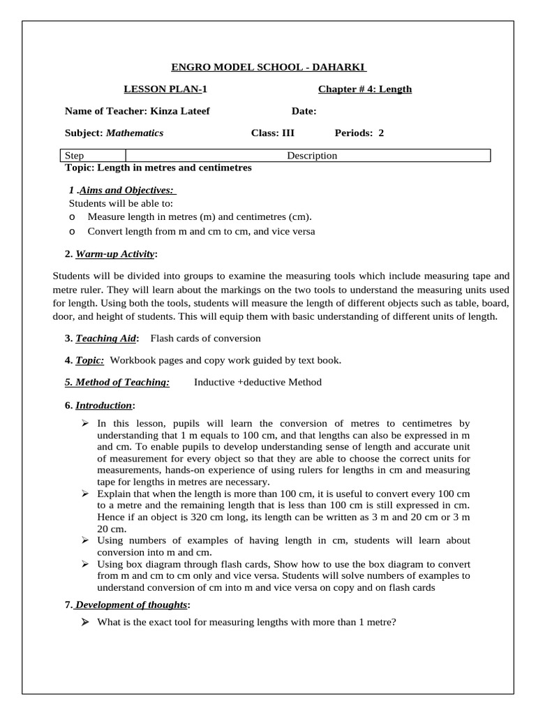 Grade 3 Length Measurement Lesson Plan | PDF | Length | Multiplication