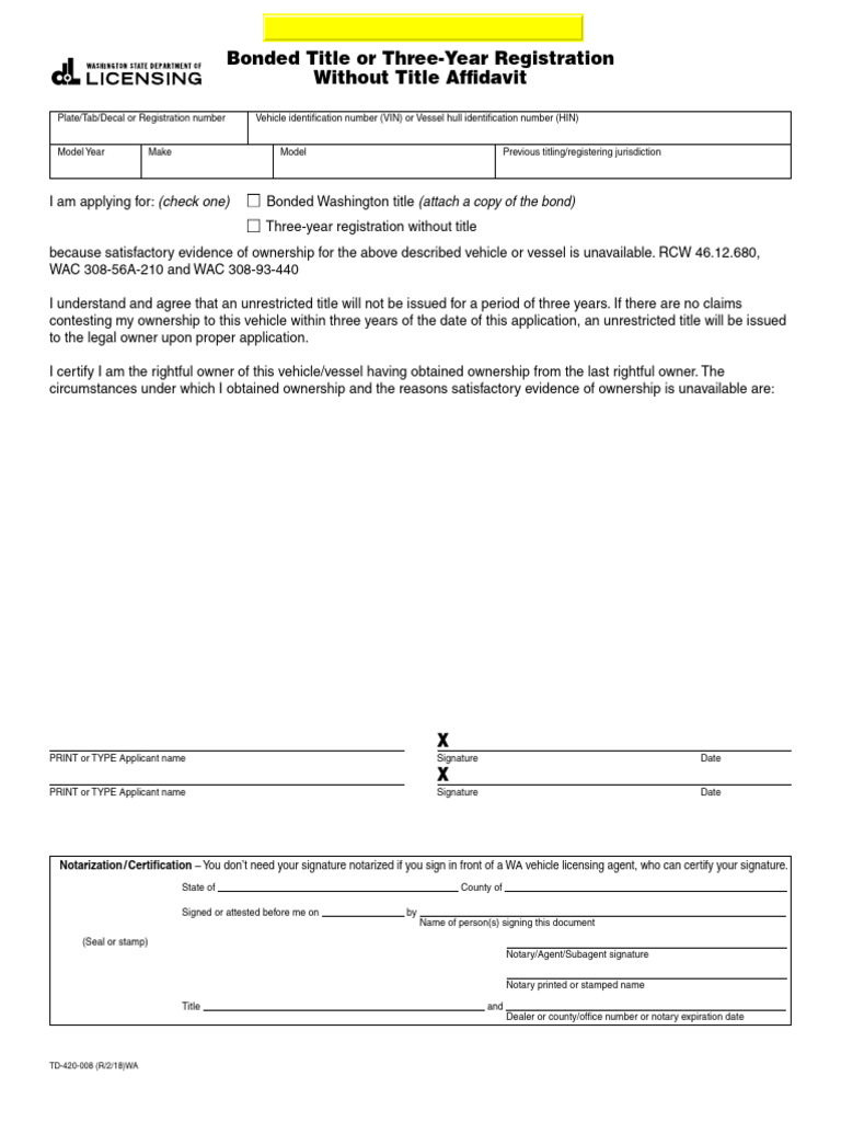 No Title Registration Affidavit | PDF | Notary Public | Vehicles