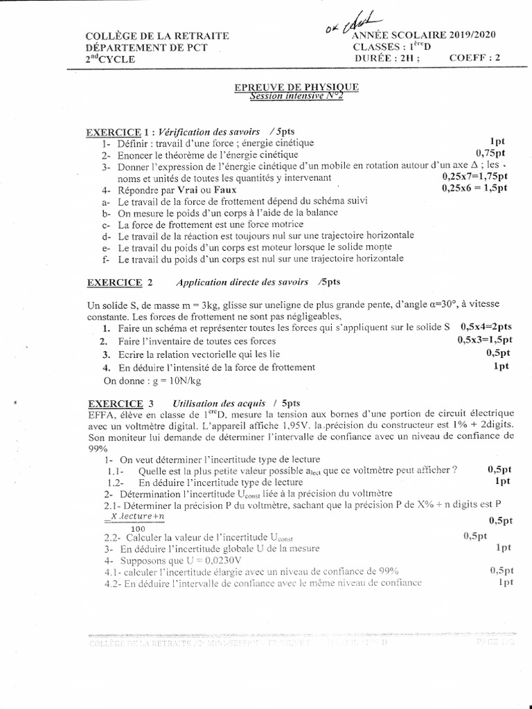 PHYSIQUE COLLÈGE DE LA RETRAITE PREMIÈRE D SESSION INTENSIVE N°2-2020 CAMEROUN | PDF