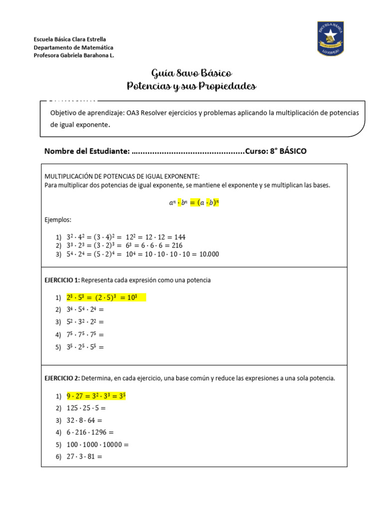 Guía de Potencias para 8° Básico | PDF | Exponenciación | Multiplicación
