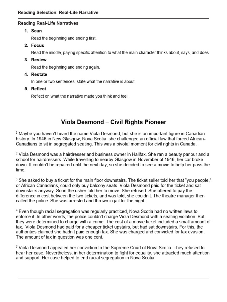 Real Life Narrative Reading Viola Desmond | PDF