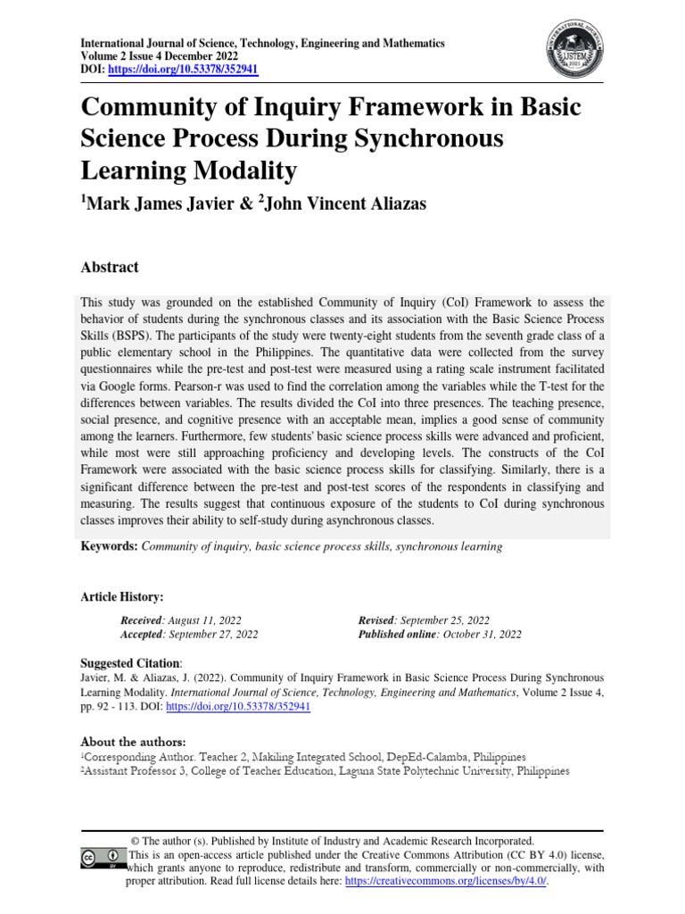 Community of Inquiry Framework in Basic Science Process During Synchronous Learning Modality ...