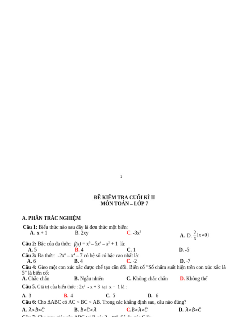Toan 7 Cuoi Hkii Phong Gd Dt TX Hong Linh | PDF