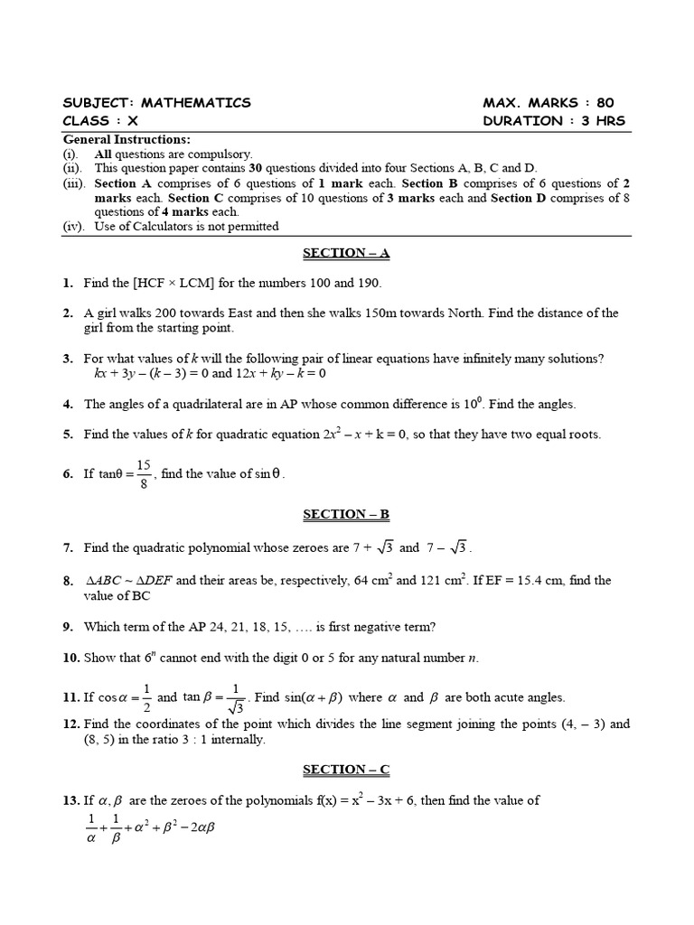 Class X Mathematics Question Paper | PDF | Zero Of A Function ...