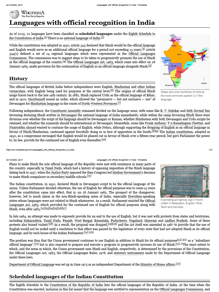 Languages With Official Recognition in India - Wikipedia | PDF ...
