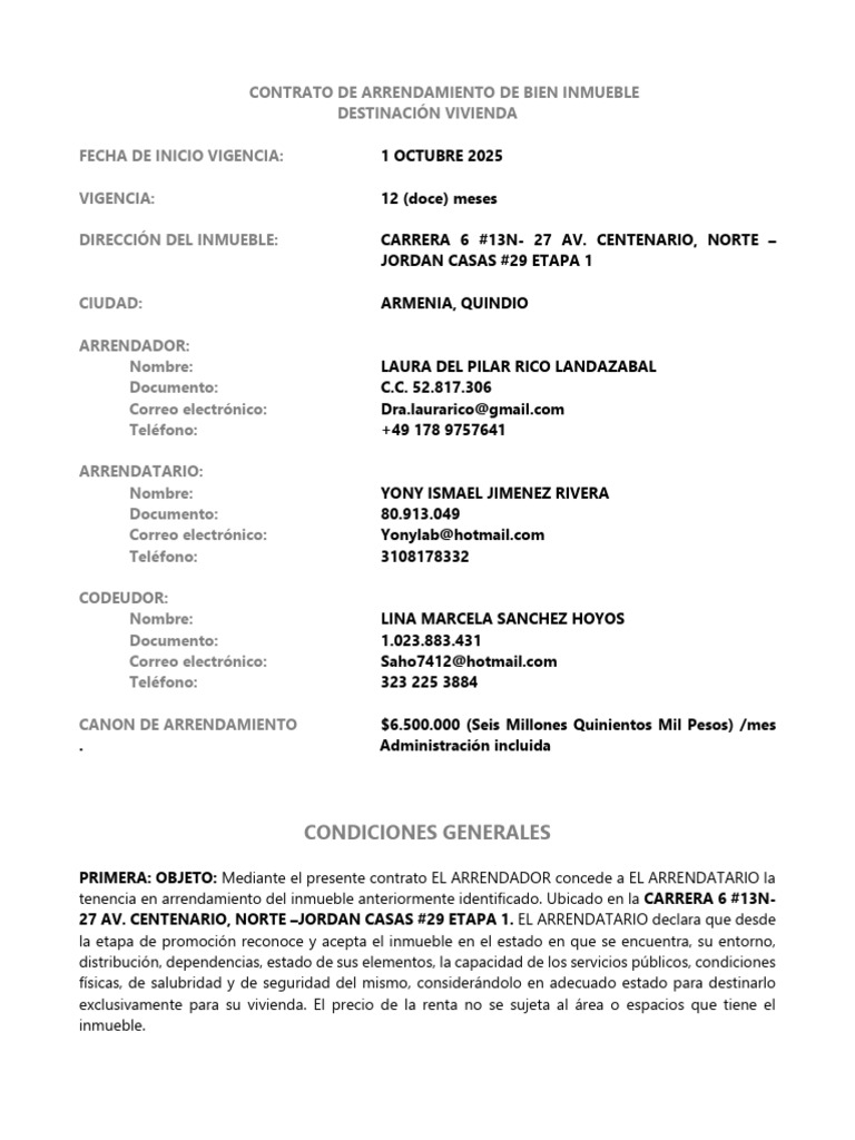 Contrato de Arrendamiento Jordan 29 1758915370 F F F FPDF | PDF ...