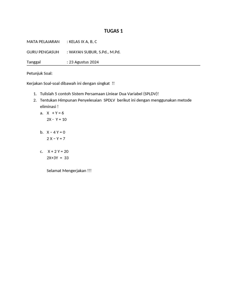 Tugas SPLDV Kelas IX - 23 Agustus 2024 | PDF