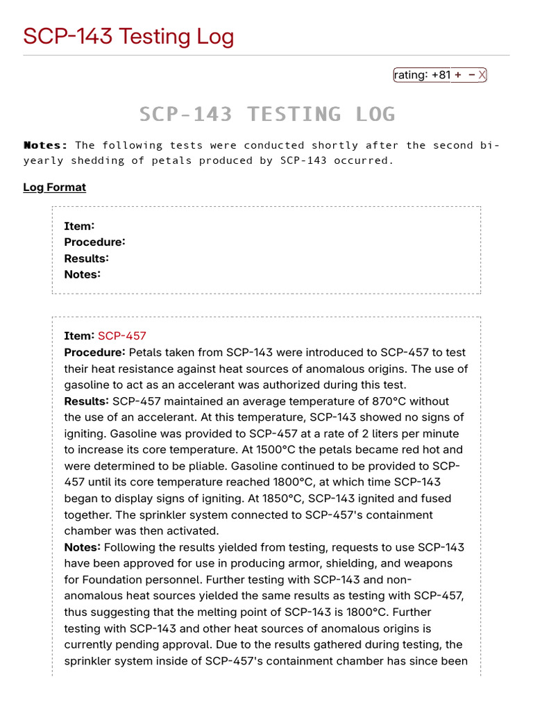SCP-143 Testing Log Summary | PDF