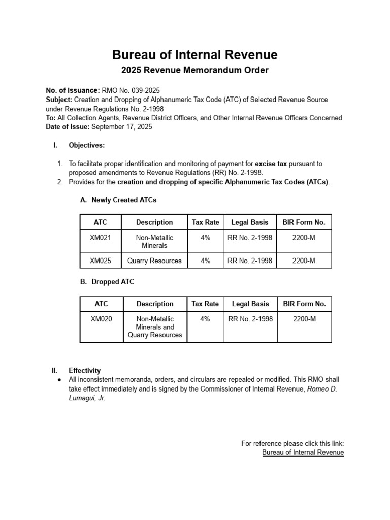 2025 Revenue Memorandum Order RMO 039-2025 | PDF