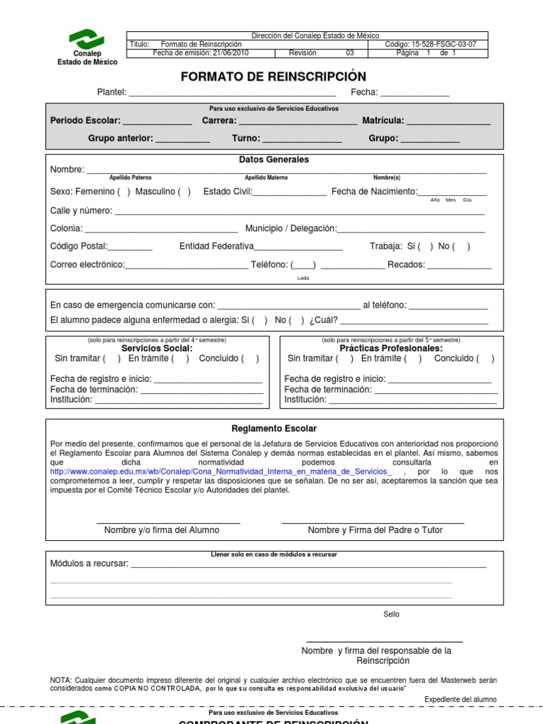 Formato de Reinscripcion Al Conalep Atizapan 2 by kHrIzZtHiAn | PDF