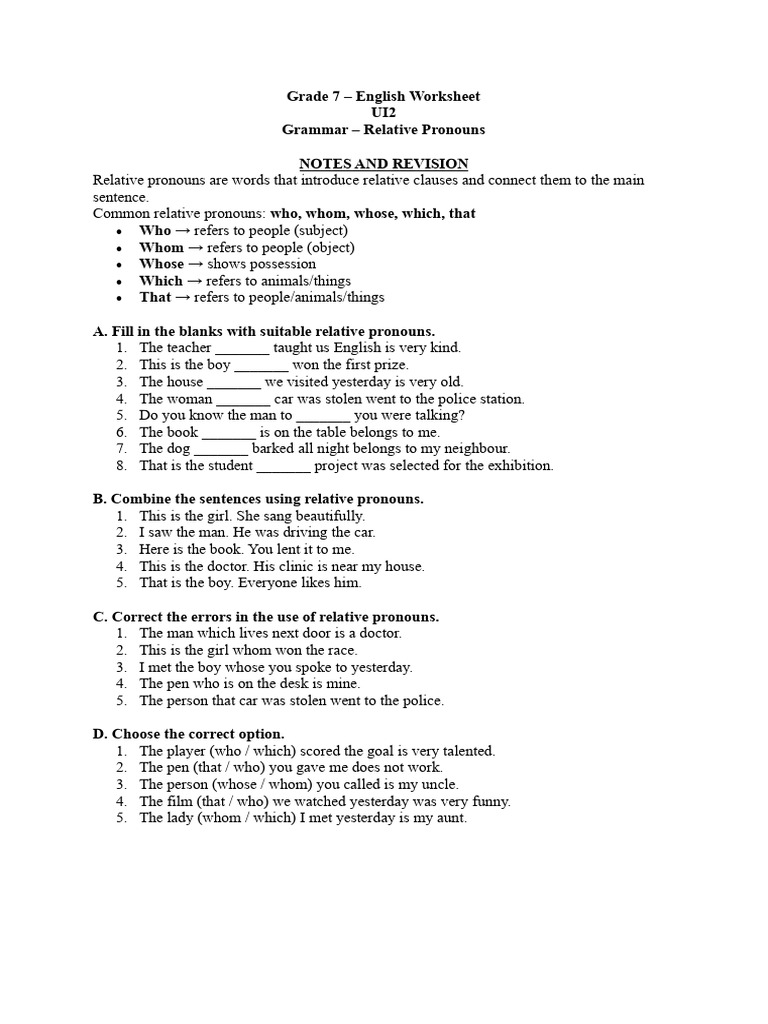 Grade 7 Grammar: Relative Pronouns Worksheet | PDF | Pronoun ...