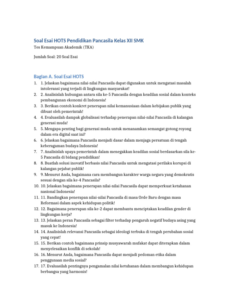 Soal Esai HOTS Pendidikan Pancasila XII SMK | PDF