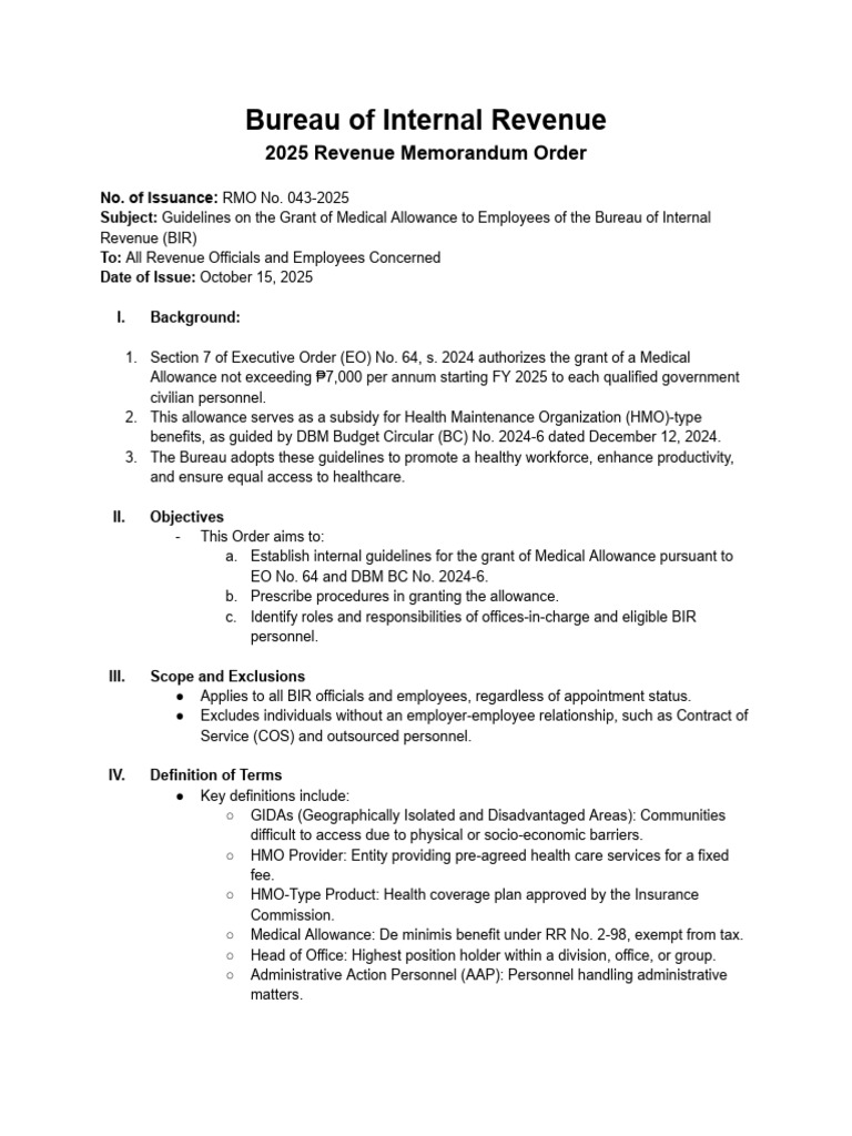 BIR 2025 Medical Allowance Guidelines | PDF | Health Maintenance ...