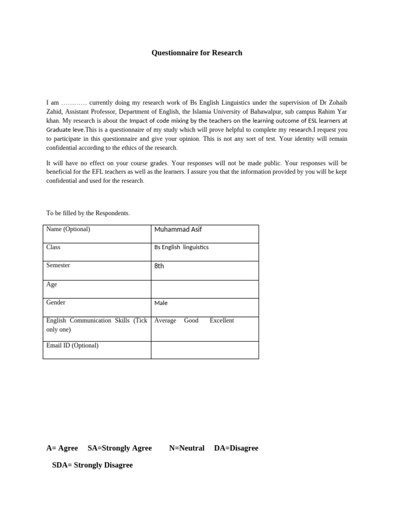 ESL Learners' Code Mixing Questionnaire | PDF | English As A Second Or ...