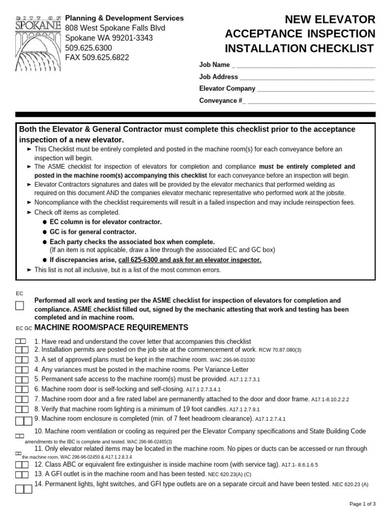 City of Spokane New Elevator Acceptance Inspection Installation ...