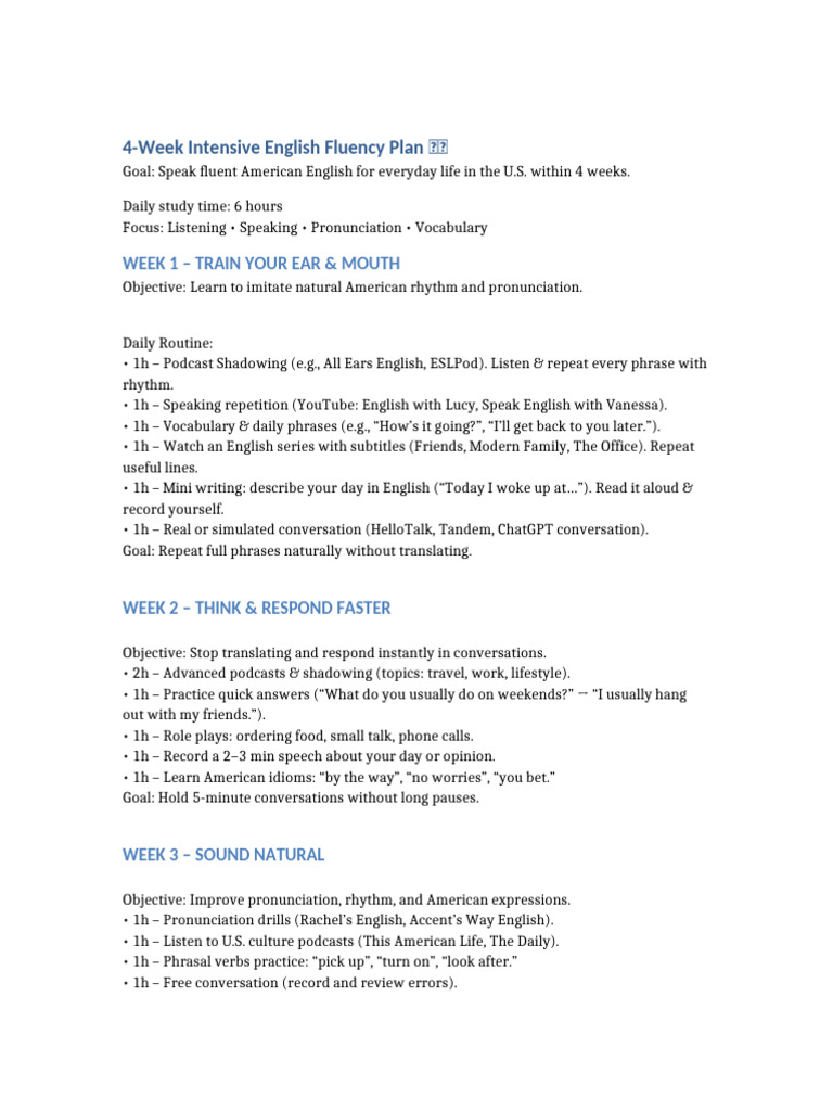 4-Week American English Fluency Plan | PDF | English Language | Fluency