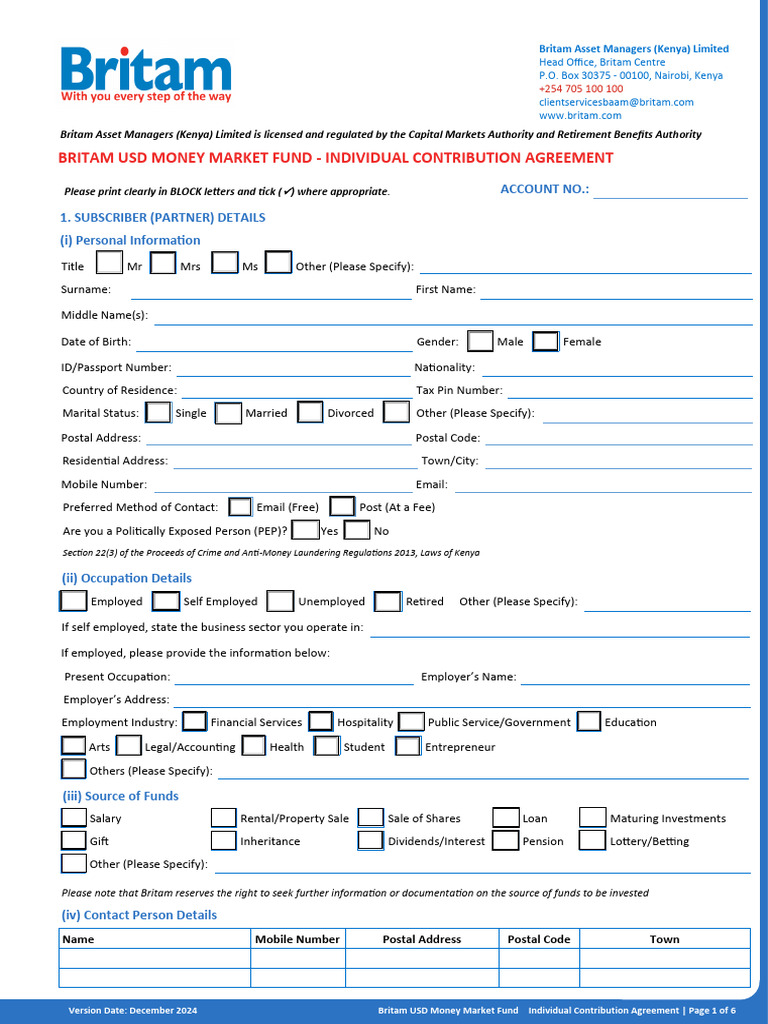 Britam USD Money Market Indiv Contribution Agreement 202412 Editable | PDF | Investment Fund ...