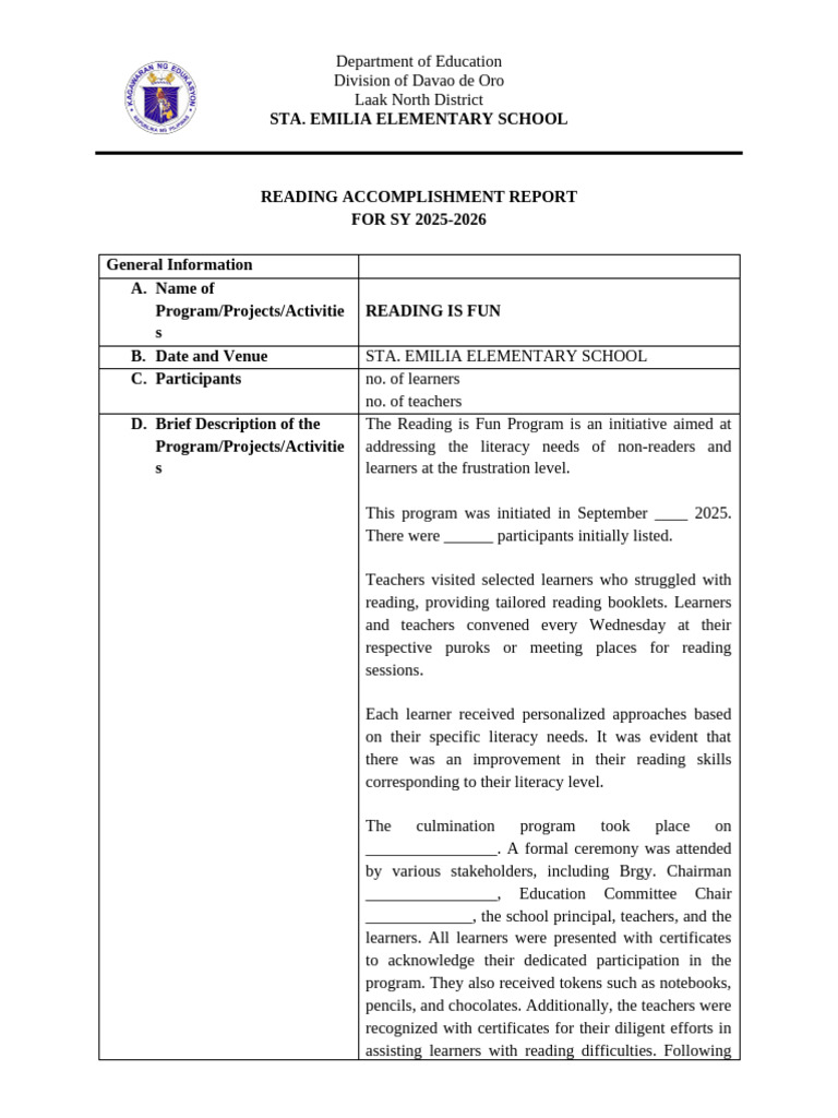 Reading Accomplishment Report 2025-2026 | PDF | Literacy | Reading ...