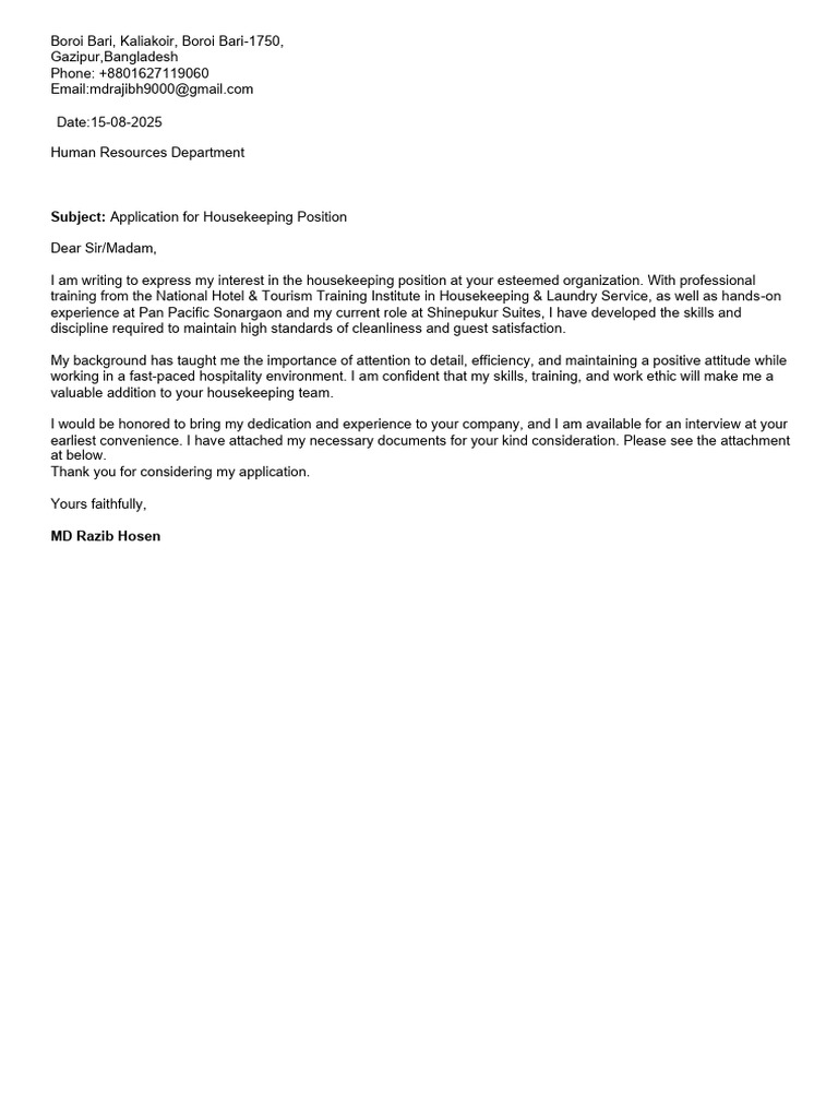 Housekeeping Job Application Letter | PDF