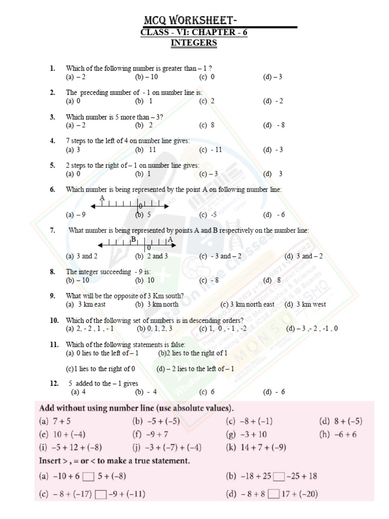 Class VI Integers MCQ Worksheet | PDF | Numbers | Chess Theory