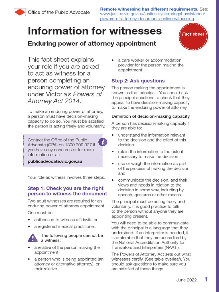 Information For Witnesses - Enduring Power of Attorney - Fact Sheet ...