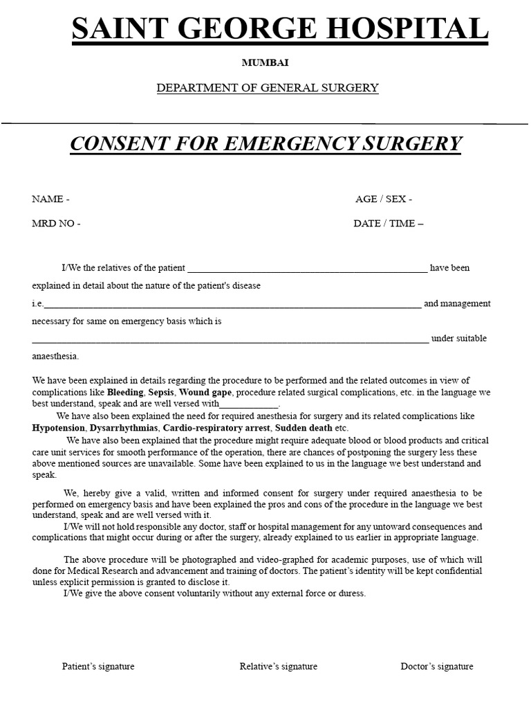 Emergency Surgery Consent | PDF | Surgery | Anesthesia