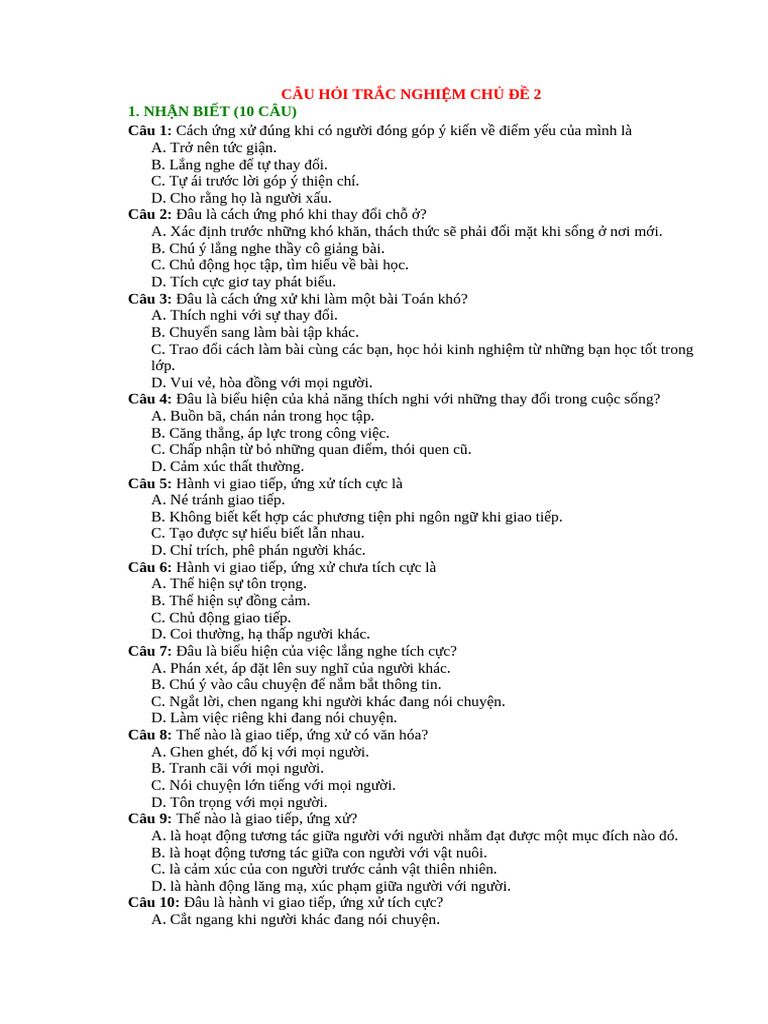 CÂU HỎI TRẮC NGHIỆM CHỦ ĐỀ 2 ( HDDTN9- BTX) | PDF