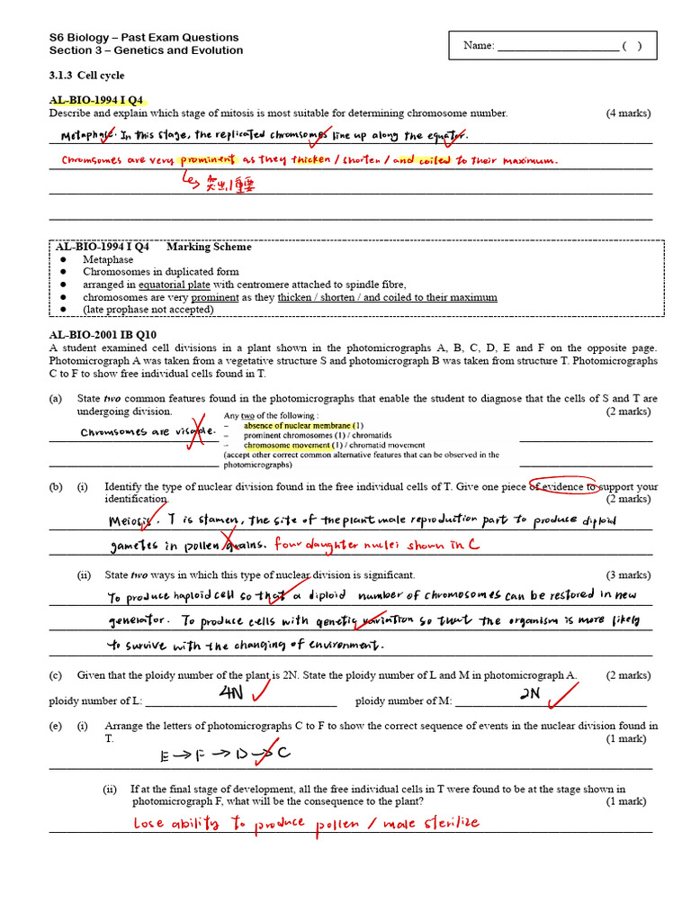 S6 Biology Exam Questions: Genetics & Evolution | PDF | Meiosis | Mitosis